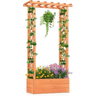 Costway Costway - Jardini&egrave;re avec Treillis Toit Suspendu en Bois avec Trou de Drainage, Lit de Jardin Sur&eacute;lev&eacute; pour Plante Grimpante, pour Patio Terrasse et