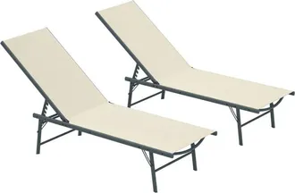 OUTSUNNY Lot de 2 bains de soleil - Outsunny - pliantes - inclinables - en textil&egrave;ne - de plage relax camping - 54 x 164 x 84 cm - cr&egrave;me
