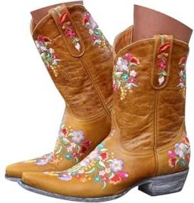 Generic Bottes de cowboy pour femme - Bottines de cowgirl occidentales à bout pointu - Talon bas et épais - Broderie vintage - Talons moyens - Bottes de cowgi