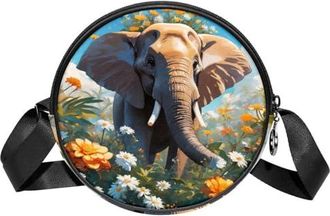 Generic Petit sac &agrave; bandouli&egrave;re rond pour femme, motif &eacute;l&eacute;phant, fleur d&eacute;l&eacute;phant avec fermeture &eacute;clair, bretelles r&eacute;glables, sac &agrave; main rond d&eacute;contract&eacute; pour 