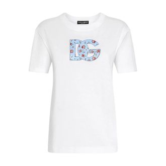 Dolce & Gabbana Jersey-T-Shirt mit DG-Print-Patch - - Tops - Damen - Wei&szlig; - M