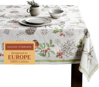 Maison d'Hermine Maison dHermine Tischdecke Rechteckig 100% Baumwolle 220 cm x 160 cm Wiederverwendbar Alltagsgebrauch für Weihnachtsdekorationen Esszimmer Landhaus Zu