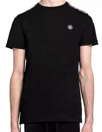 Philipp Plein T-Shirt Main Line Logo Tape mit Streifen Tapes auf den Schultern, Hexagon-Logo, zweinadelige Nahtdetails