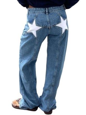 ORANDESIGNE Jean Baggy Femme Pantalon en Denim Imprimé Vintage Jambe Droite Y2K Streetwear