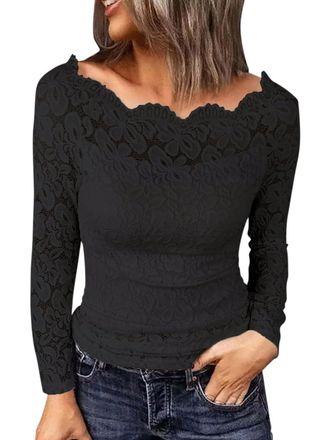 Minetom Damen Top Spitzen Schulterfrei Bluse Elegant Oberteile Basic Langarm T Shirt Lace Langarmshirt Slim Fit Pullover Spitzentop A Schwarz XXL