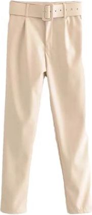 Generic Femmes Casual Taille Haute Minceur Ceinture Assortie avec Simili Cuir Couleur Solide Pantalon, beige, M