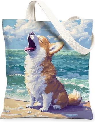 Generic Summer Corgi Sac fourre-tout en toile pour faire du shopping, 33 x 38,1 cm, motif chiot c&ocirc;tier de plage, sac d&eacute;picerie r&eacute;utilisable pour femme, peintu