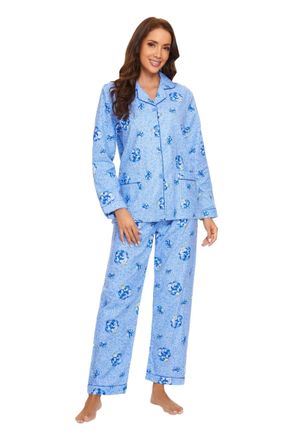 Global Schlafanz&uuml;ge Damen Flanell | Baumwolle Damen Pyjama Set | Zweiteiliger Nachtw&auml;sche Damen Pjs Set Lang | Knopfleiste vorne und Kordelzug |Blaue Elegant