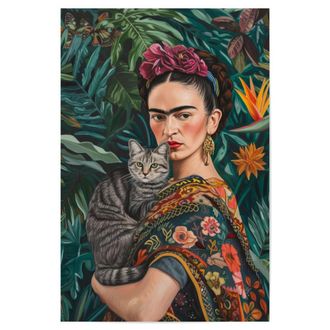 artboxONE Poster 120x80 cm Natur Frida Kahlo mit grauer Katze - Bild frida kahlo katze pflanzen