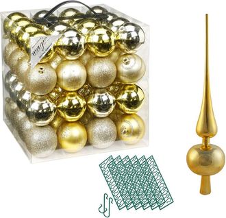 JACK 64x Kunststoff Christbaumkugeln Ø 6cm + Spitze 28cm inkl. Aufhänger Dekor Kugeln Set Weiß Rot Gold Grün Blau Silber, Farbe:Gold