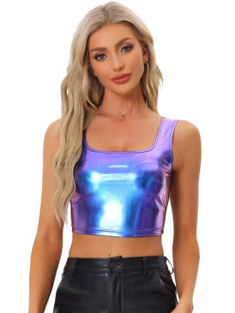 Allegra K Damen Metallic Crop Top Party Tanktop &Auml;rmellos Gl&auml;nzend Club Bauchfrei Oberteil Schwarz Blau Lila XL