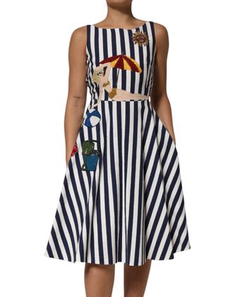Dolce & Gabbana Womens Blue White Striped Embroidered A-Line Dress And Cotton