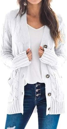 Generic Cardigan en tricot boutonn&eacute; pour lautomne d&eacute;contract&eacute; &agrave; manches longues avec poches, blanc, 5XL