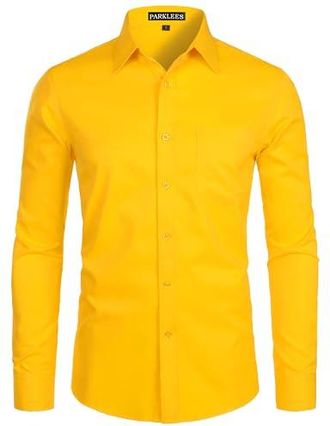 PARKLEES Chemise habill&eacute;e &agrave; manches longues pour homme, coupe ajust&eacute;e, style d&eacute;contract&eacute;, business ou formel, &agrave; boutons avec poche, jaune, XXL