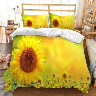 Generic Bettwäsche 200x200 cm Sonnenblume 3 Teilig Bettbezug 200 x 200 Gelbes Muster Bettwäsche-Sets 3D Weiche Mikrofaser Bettbezug Set mit Reißverschluss + 2