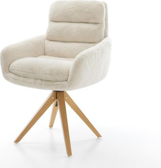 DELIFE Drehstuhl Abelia-Flex mit Armlehnen Plüsch Creme-Weiß Holzgestell kantig Natur 180° drehbar, Esszimmerstühle