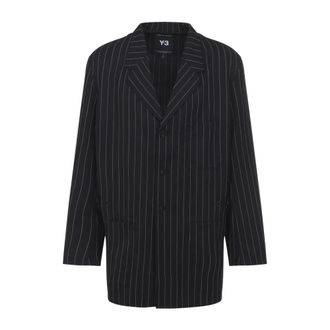 Yohji Yamamoto Homme, Vestes, Noir, Taille: L Veste de Travail en Laine Raffin&eacute;e &agrave; Rayures