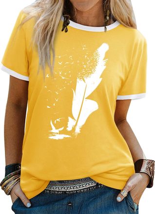 Dresswel Damen Friedenstaube Feder Druck T-Shirt Kurzarm Rundhals Oberteile Sommer Tops Tee Shirts Bluse
