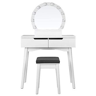 Selsey Derra - Schminktisch/Schminkkommode in Weiß mit Zwei Schubladen, rundem Spiegel und Hocker, 80 cm breit