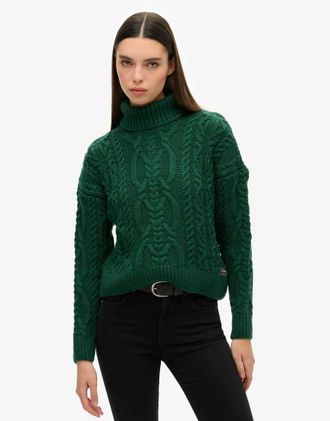 Superdry Hochgeschlossener Vintage-Strickpullover in Piniengr&uuml;n mit Zopfmuster