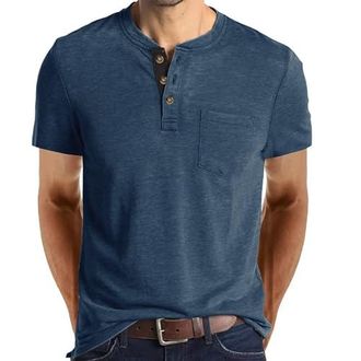 Generico T-shirt pour homme &agrave; manches courtes en coton, style d&eacute;contract&eacute;, respirant, avec boutons et poche pour un usage quotidien, bleu marine, XXXL