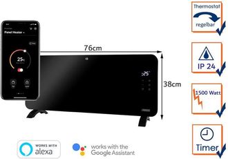 Princess Smarte Konvektor Heizung WIFI, Glask&ouml;rper 76cm breit, 1500 Watt