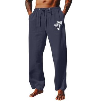 Generic Pantalon de plage pour homme en lin imprim&eacute; cocotier - Taille &eacute;lastique - Cordon de serrage - Jambe droite - Coupe ample - Couleur unie - Pantalon de 