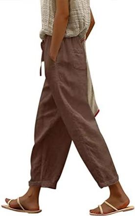 Minetom Pantalon Femme Été Décontracté Pantalon Léger avec Poches Solide Couleur Pantalon À Cordon Élastique A Marron XXL