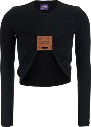 Jean Paul Gaultier Femme, Tops, Noir, Taille: 38 FR Haut &agrave; manches longues avec d&eacute;tail en cuir