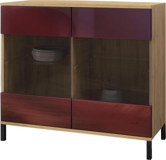Vladon Kommode Bari V3, Moderner Küchenschrank mit 2 großen Glastüren Eiche Evoke/Bordeaux Hochglanz (92,5 x 83.5 x 35)