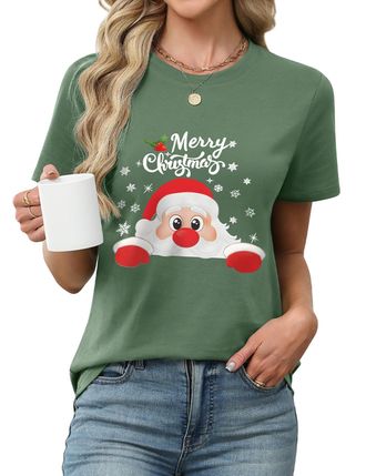 Heekpek Weihnachts T Shirt Damen Lustig Tshirt Weihnachten Baumwolle Rundhalsausschnitt Kurzarm T-Shirt Freizeit Bedruckte Weihnachts Oberteil, Gr&uuml;n Weihnacht