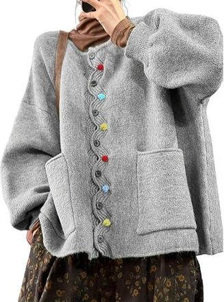 Generic Cardigan tricot&eacute; surdimensionn&eacute; pour femme avec boutons color&eacute;s et manches bouffantes avec poches, manteau de printemps pour femmes 2026, gris, XL