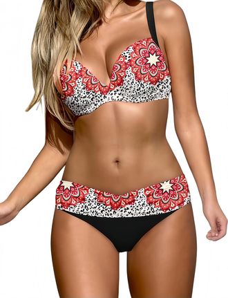 Ocean Plus Damen Gestreiftes Bikini-Set mit Brustpolster Bikinis Push Up mit B&uuml;gel Zweiteiliger Bademode (XXL (EU 52-54), Blumen)