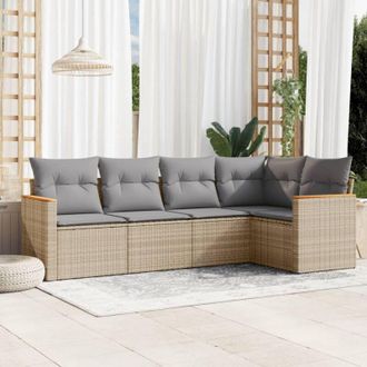 vidaXL 5-tlg. Garten-Sofagarnitur mit Kissen Beige Poly Rattan - Vidaxl