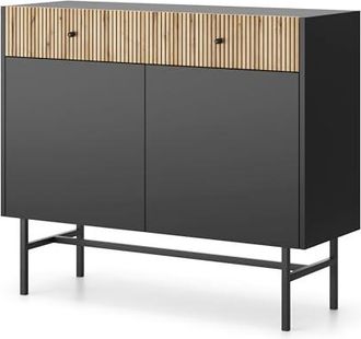 Selsey Kommode Aufbewahrungsschrank 2 Türen 2 Schubladen 104 cm Schrank Schubladenschrank Mit Lamellen Metallbeine Pulverbeschichtet Eiche Schwarz Divenos