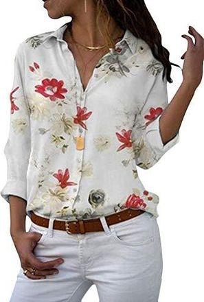 ORANDESIGNE Chemisier imprimé de Fleurs Poitrine col en V Manches Longues décontracté Blanc 3XL