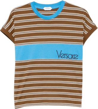Versace Gestreiftes T-Shirt mit Baumwolleins&auml;tzen - - Tops - Herren - Braun - M