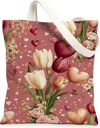 Generic Sacs fourre-tout r&eacute;utilisables en toile Motif coeur et fleurs, p&ecirc;che, 13x15 Inch