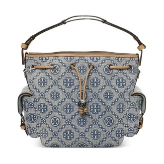 Tory Burch Femme, Sacs, Bleu, Taille: ONE Size T Monogram Denim Bucket Bag with Pockets