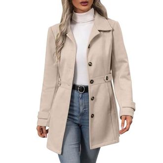 Generic Manteau trench en laine m&eacute;lang&eacute;e pour femme avec col &agrave; revers crant&eacute; simple boutonnage automne hiver tendance d&eacute;contract&eacute;, beige, XXL