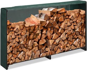 Relaxdays Range-bûches avec protection, pour bûches à partir de 25 cm, support en fer, HxLxP: 110x200x29 cm, noir - vert - Relaxdays