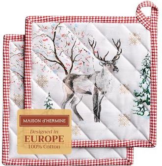 Maison d'Hermine Maison dHermine Lot de 2 maniques 100 % coton avec boucle r&eacute;sistante &agrave; la chaleur pour griller, micro-ondes et po&ecirc;les chaudes - Cadeaux pour la f&ecirc;te d