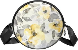 Generic Petit sac &agrave; bandouli&egrave;re circulaire pour femme, motif feuilles florales, sac &agrave; dos avec fermeture &eacute;clair, bretelles r&eacute;glables, sac &agrave; main rond d&eacute;contra