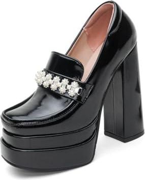 Generic Femmes Chunky Platform Talons Hauts Mocassins Bout ferm&eacute; carr&eacute; avec Strass Escarpins Slip on Work Dress Shoes,Noir,38 EU