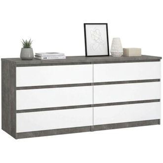 Dmora Kommode Abacadabra, Wohnzimmerbuffet, Wohnzimmer-Sideboard, Moderne K&uuml;chen-Speisekammer, 154x50 h70 cm, Zement und Gl&auml;nzendes Wei&szlig; - Dmora