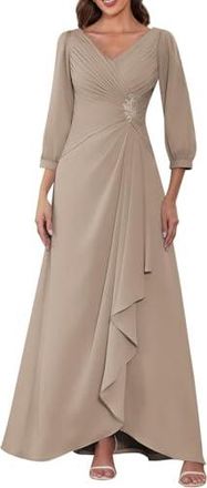 Generic Robe de mère de la mariée en mousseline de soie plissée à manches 3/4 pour femme, taupe, 54 Grande taille