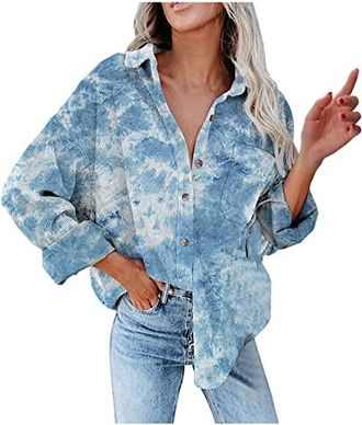 Generic Vestes pour femmes 2026 Mode en treillis revers bouton &eacute;pissure imprim&eacute; g&eacute;om&eacute;trique d&eacute;contract&eacute; &agrave; manches longues en velours c&ocirc;tel&eacute; manteau veste, ble