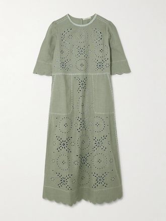 Vita Kin Sabrina Midikleid Aus Leinen Mit Lochstickerei Und Wellenkanten - Wei&szlig;