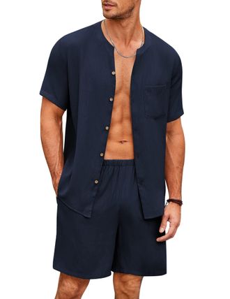Ekouaer Pyjama Herren Set Kurz Schlafanzug Baumwolle Nachtwäsche Knöpfe Hausanzug Sommer Rundhals Kurzhose, Navyblau, S
