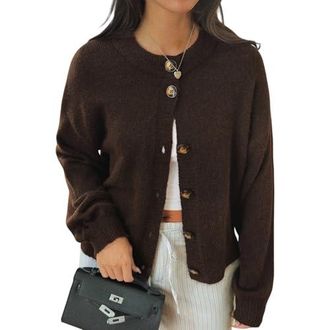 Generic Cardigan tricot&eacute; en cachemire, chandails en tricot cachemire vintage pour femmes, cardigan court boutonn&eacute; sur le devant, pull doux &agrave; col rond, marron,